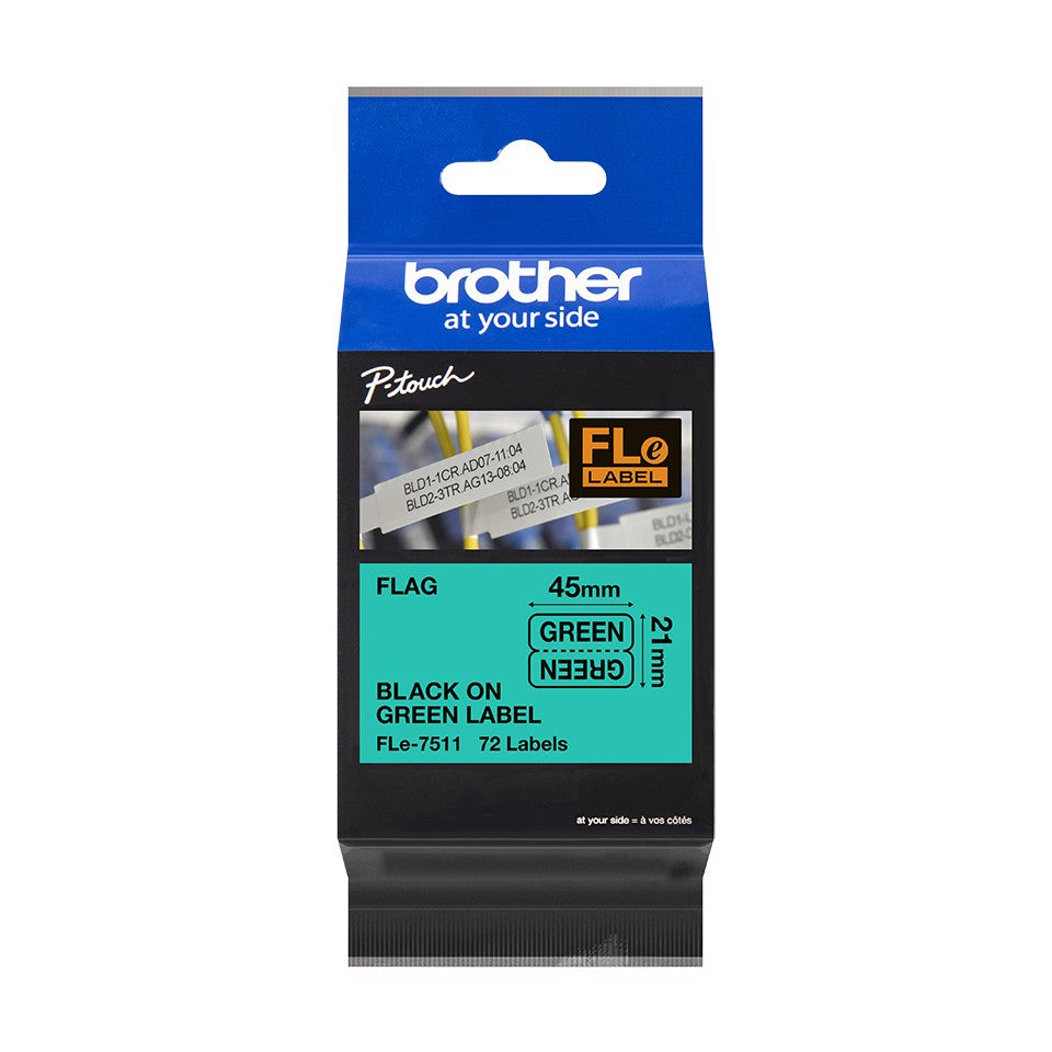 Brother FLe7511 (45x10.5mm) 72 Flag Tape Labels (Black on Green) FLe-7 ...